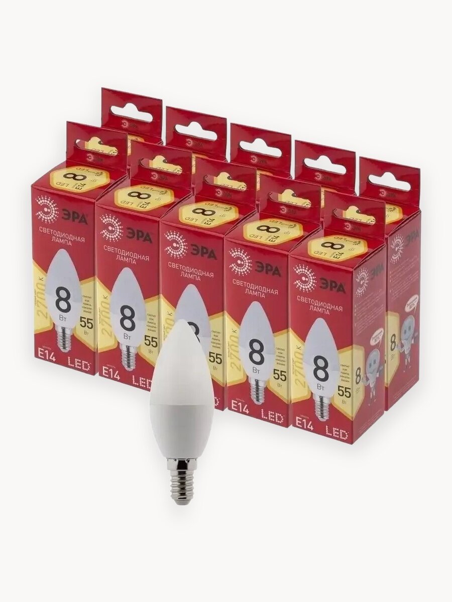 Лампочка светодиодная ЭРА LED E14 8 Вт B35 свеча 2700К теплый белый свет набор 10 штук