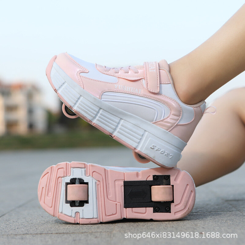 Роликовые коньки, для детей, 33 размер, 986 двойных колес, розовые и белые