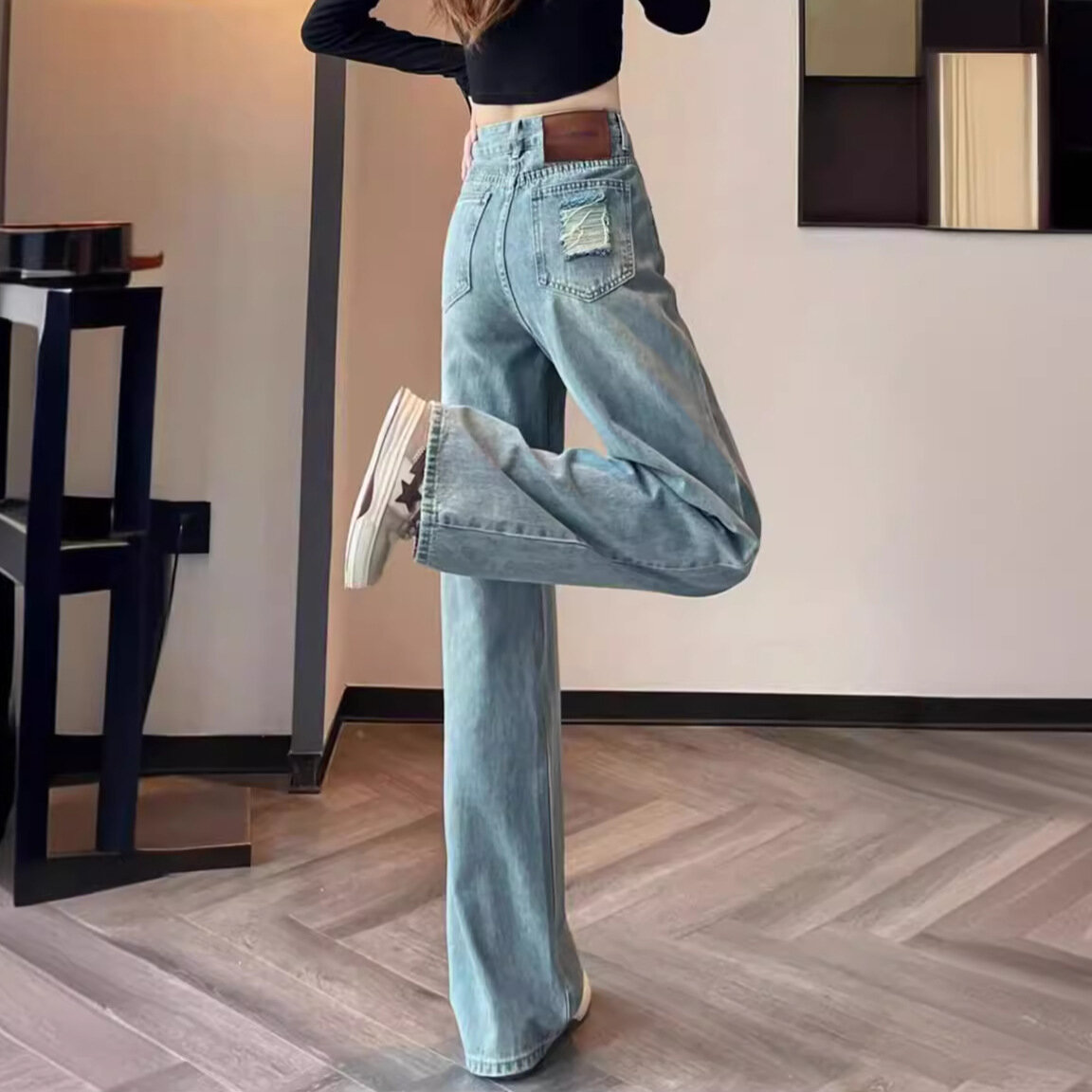 Женские джинсы LI Mall Цементно-серый широкие с мехом зимой, Размер_