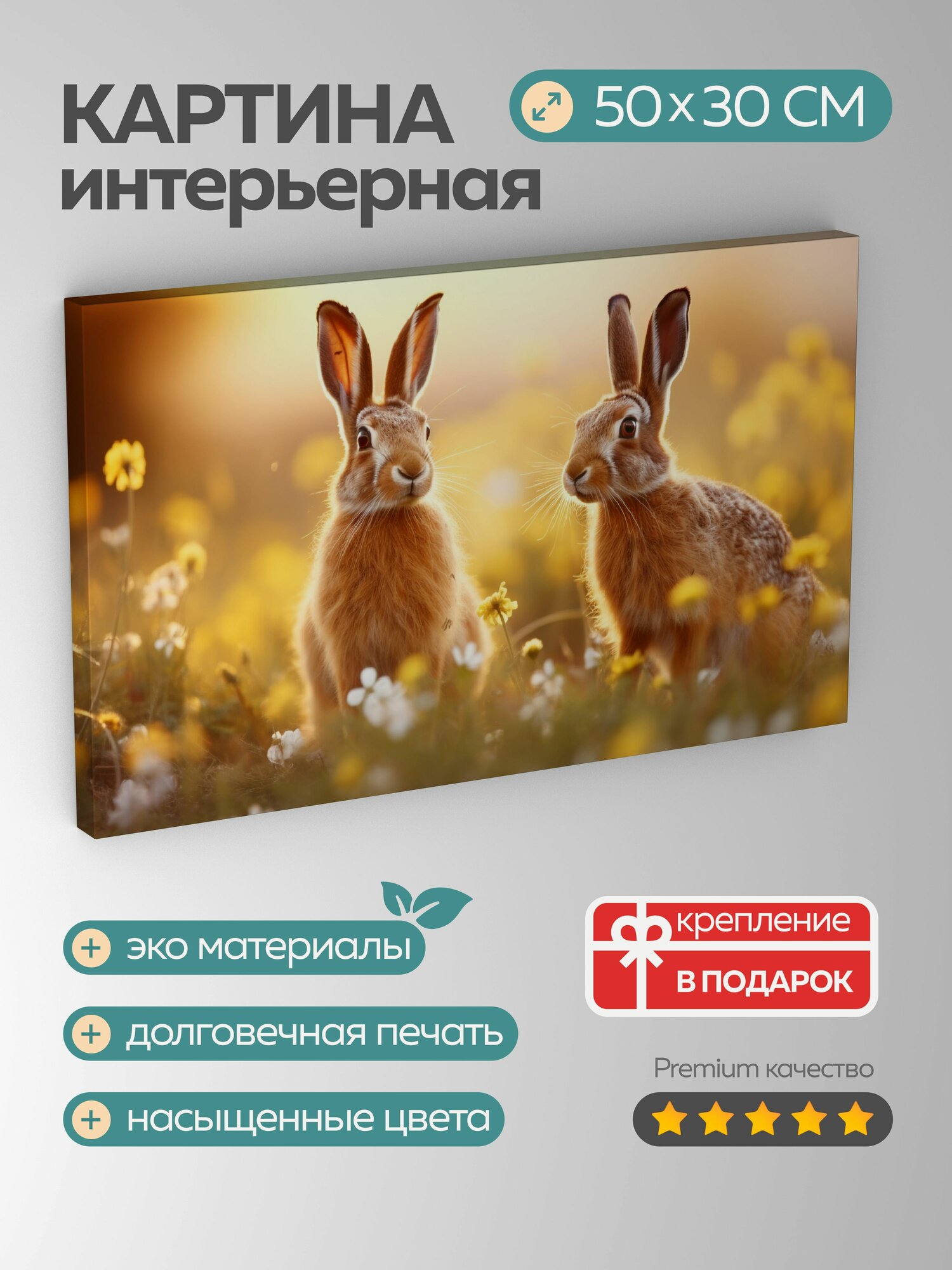Картина на холсте интерьерная 50х30 см, зайцы, рассвет, полевые цветы, мягкие тона, теплые тона, золотой ореол