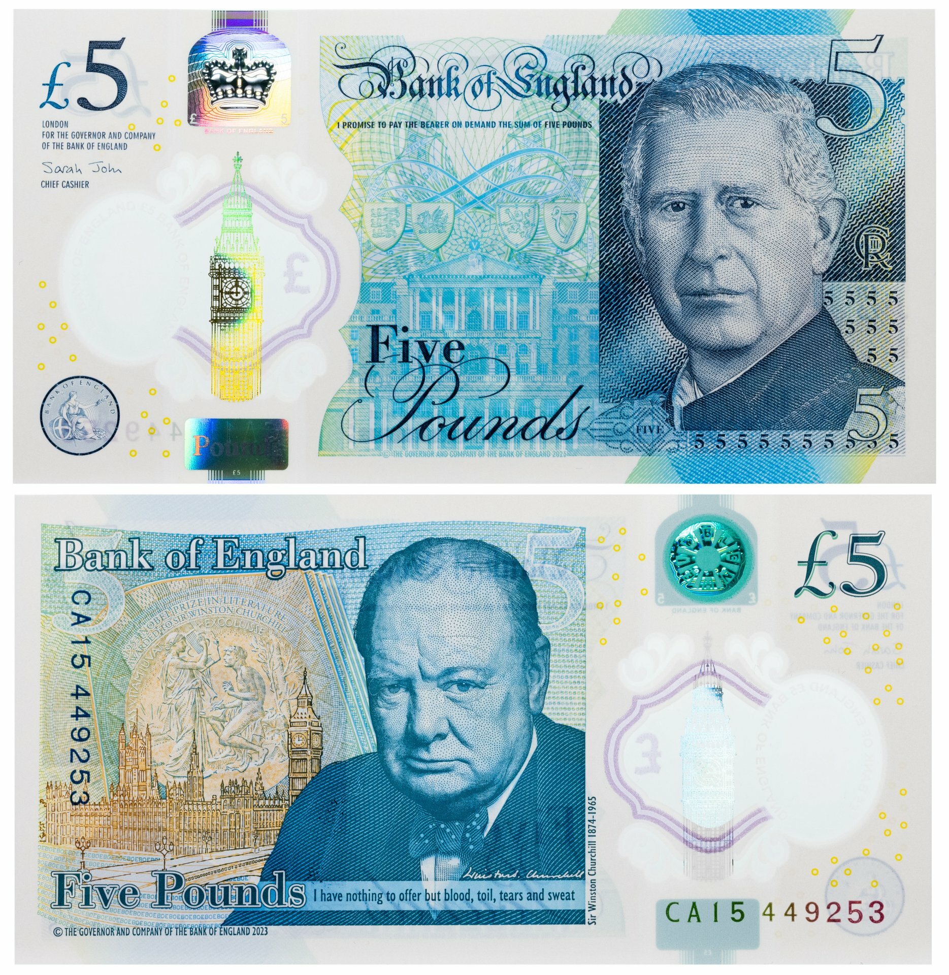 Англия 5 фунтов 2024 "Черчиль" Чарльз 3 Новый дизайн Pick 398 полимер