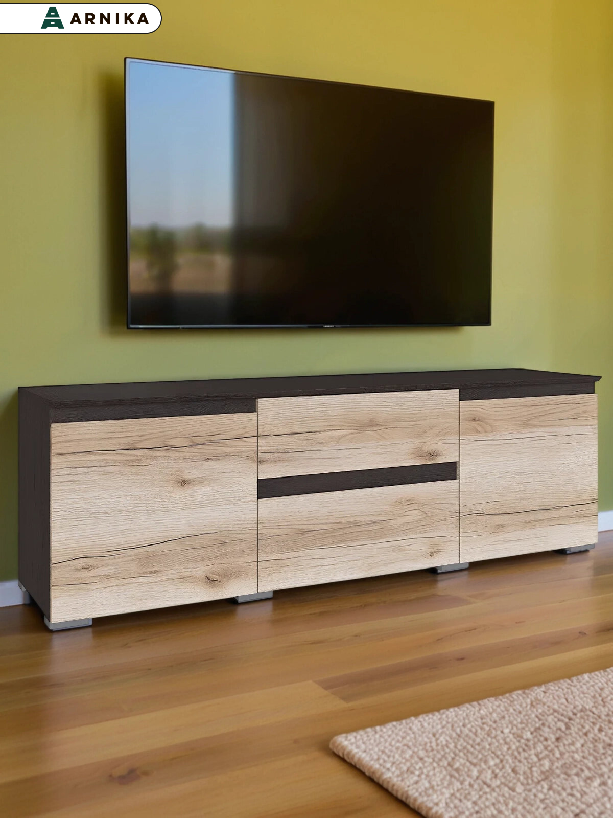 Тумба ТВ Плейона, ЛДСП, 160х51,6х41,2 см, 2 ящика, бежево-коричневая