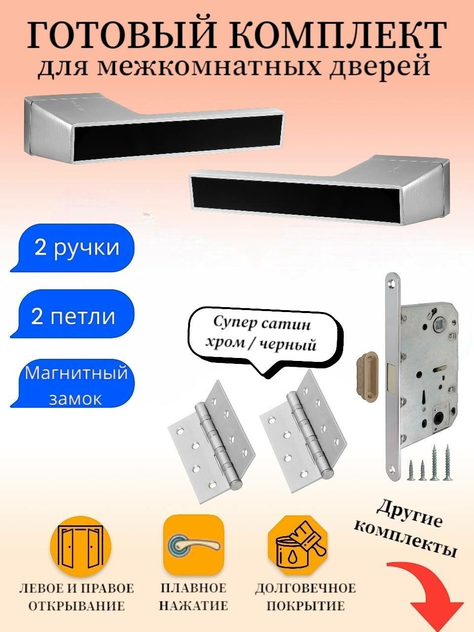 Ручка дверная межкомнатная PUERTO INAL_559-01_SSC/B_MAG, супер сатин хром/черный (ручка + магнитный замок wc + 2 универсальные петли)