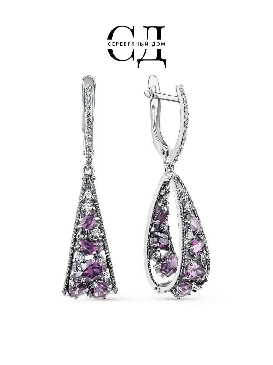 Серьги, серебро, 925 проба, родирование, аметист, фианит