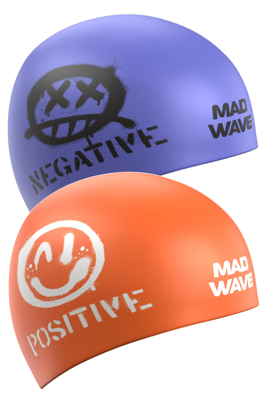 Силиконовая двухсторонняя шапочка MAD WAVE Reverse Positive, универсальная, цвет оранжевый/фиолетовый с рисунком