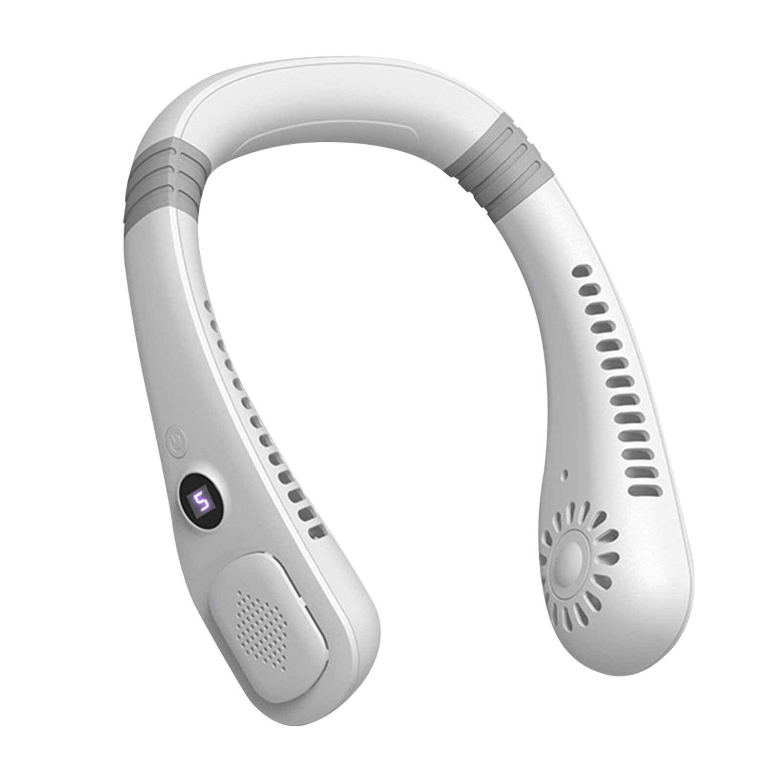 Портативный шейный вентилятор без лопастей с функцией громкой связи Перезаряжаемый через USB Тихий складной портативный персональный вентилятор с 5-скоростным цифровым дисплеем Белый