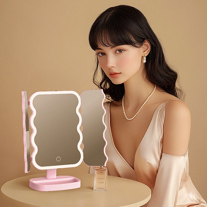 Портативное складное трехстворчатое светодиодное зеркало для макияжа настольное умное косметическое зеркало в современном стиле с сенсорным вращением