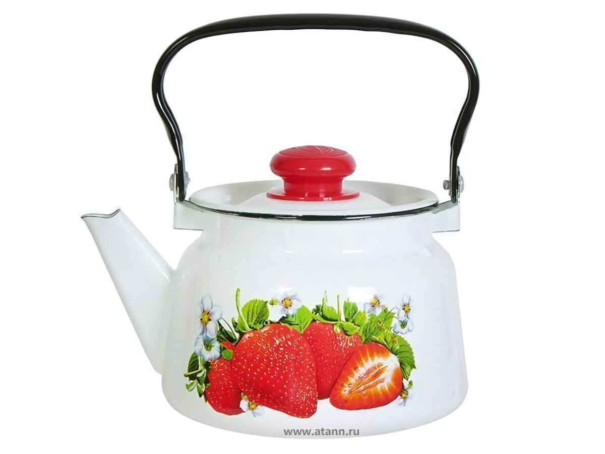 Чайник 2,3л с рисунком клубники, эмалированная сталь, красная крышка