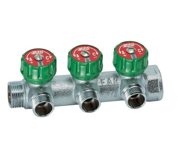 Регулирующий коллектор 1" (ВР-НР) с 3 отв. 3/4" НР FAR (FK3822 134) Евроконус в компл. с прокладками под плоское уплотнение