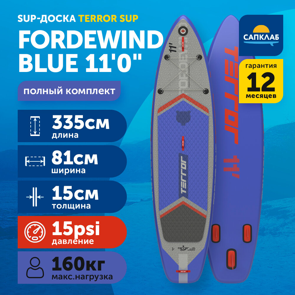 Cап борд надувной двухслойный TERRO SUP Blue 11' FORDEWIND голубая / Сапборд, sup board, supboard, sup доска