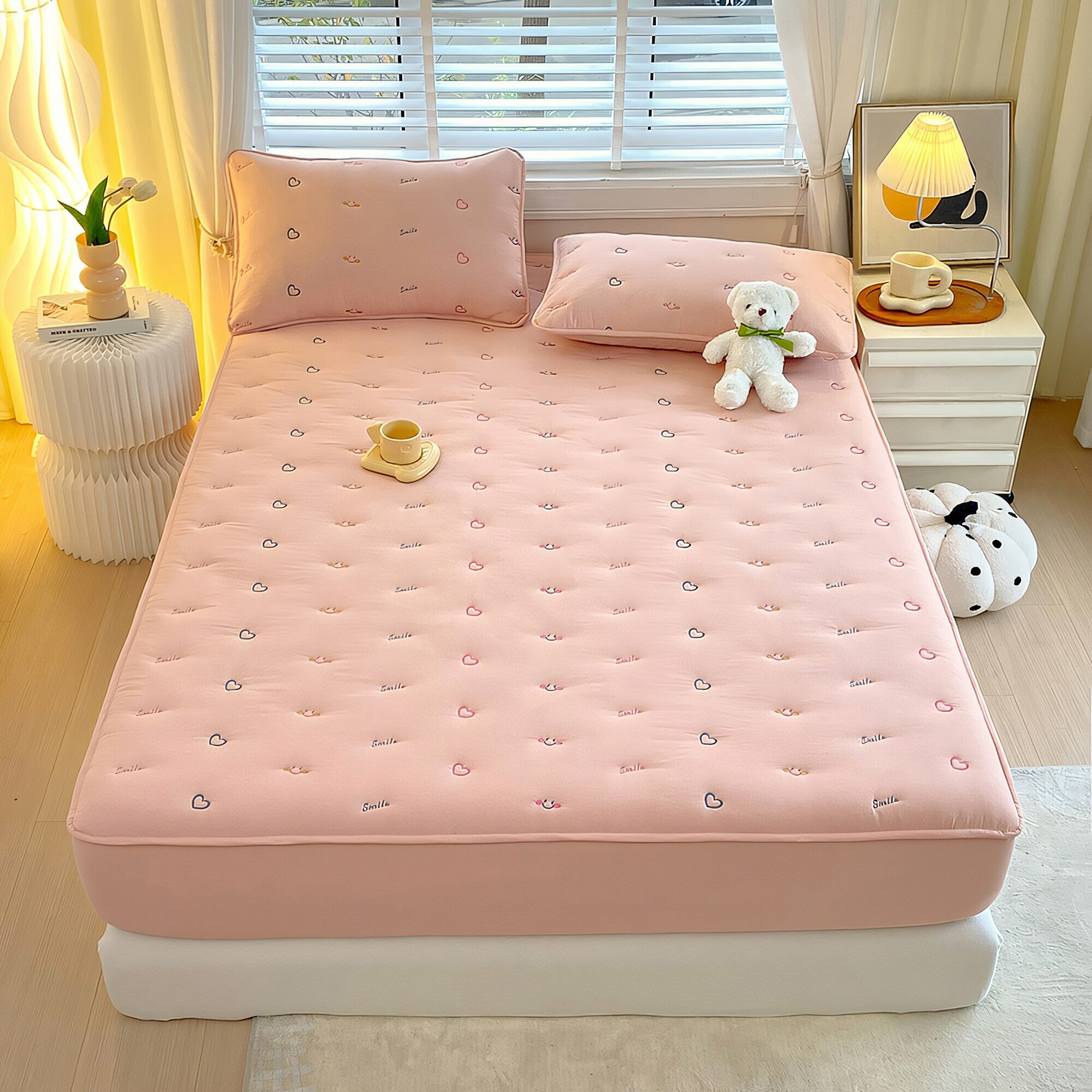 Комплект постельного белья: простыня на резинке и 1 наволочка, 1.5-спальное, 90 х 200 см, 100% хлопок, розовый