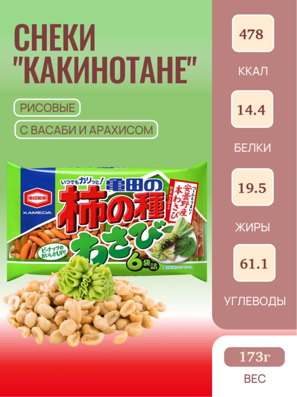 Снеки рисовые "Какинотане" со вкусом васаби и арахисом (6 пак.) 164 - 173 г, Япония
