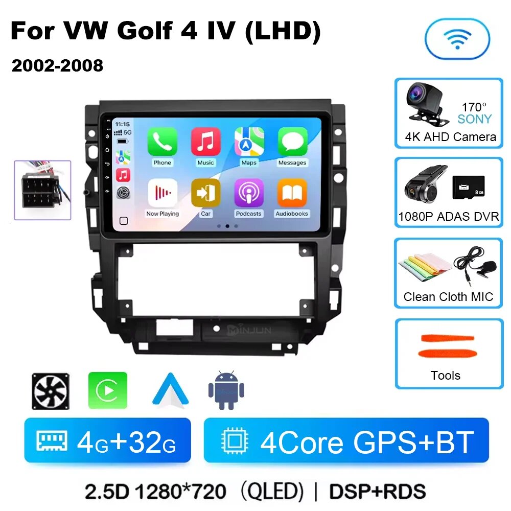 Автомобильный радиоприемник Android 15 для Volkswagen VW Golf 4 Carplay для 2002-2008 4G 32G DVR