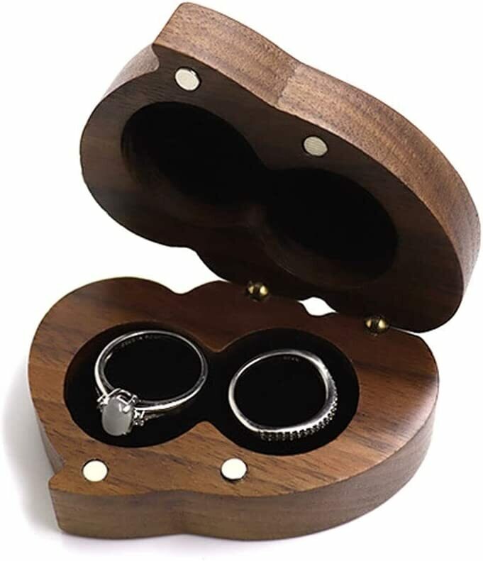 Шкатулка Для Свадебной Церемонии, Деревянная Двойная Шкатулка Для Обручальных Колец В Форме Сердца Из Грецкого Ореха, 7 X 5 X 2,8 См