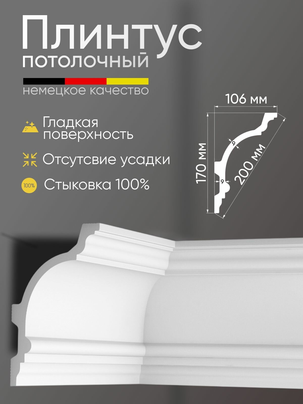Плинтус потолочный 9 шт GLANZEPOL 200 см пенополистирол, белый GP137