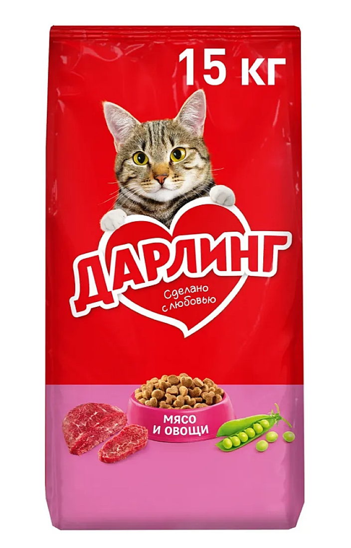 Корм сухой Дарлинг для взрослых кошек с мясом и овощами, 15 кг