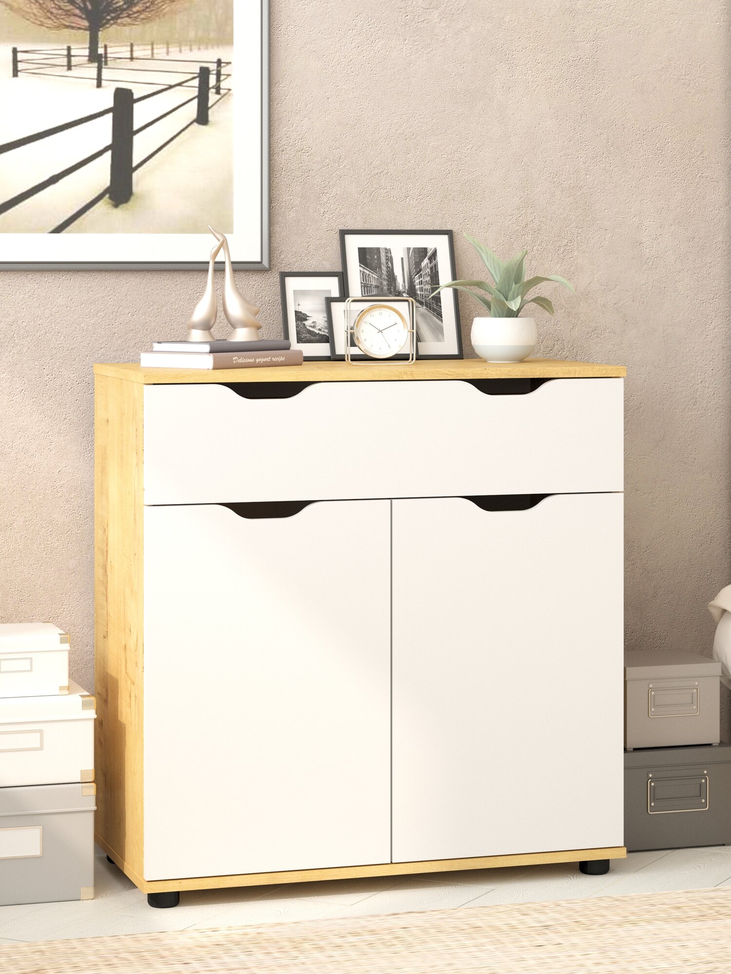 Есэндвич Grand-Лаворо-4 Комод 80х83х40 см с ящиками и дверцами(Дуб бунратти/Белый)