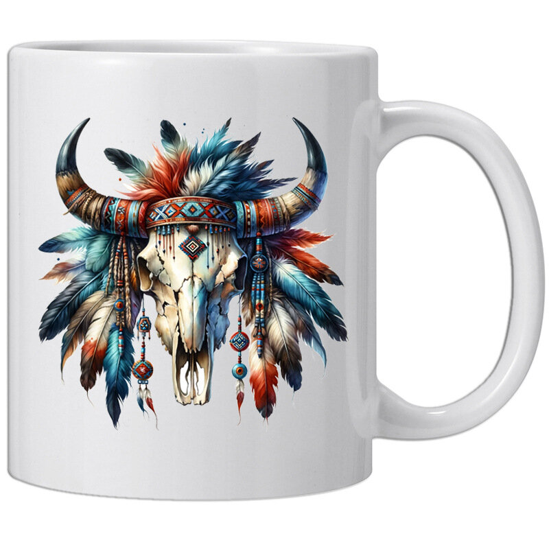 Керамическая кружка в стиле бохо с изображением черепа быка, объём 350 мл, дизайн с разноцветными перьями, кофейная чашка в этническом стиле, 8,2 x 9,5 см