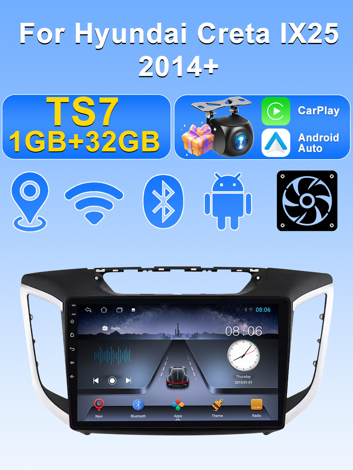 Магнитола для Hyundai Creta IX25 2014+ , Автомагнитола для Хендай Крета ИИкс25 ,2din android 1+32G Мультимедиа Bluetooth FM WIFI Автомобильный