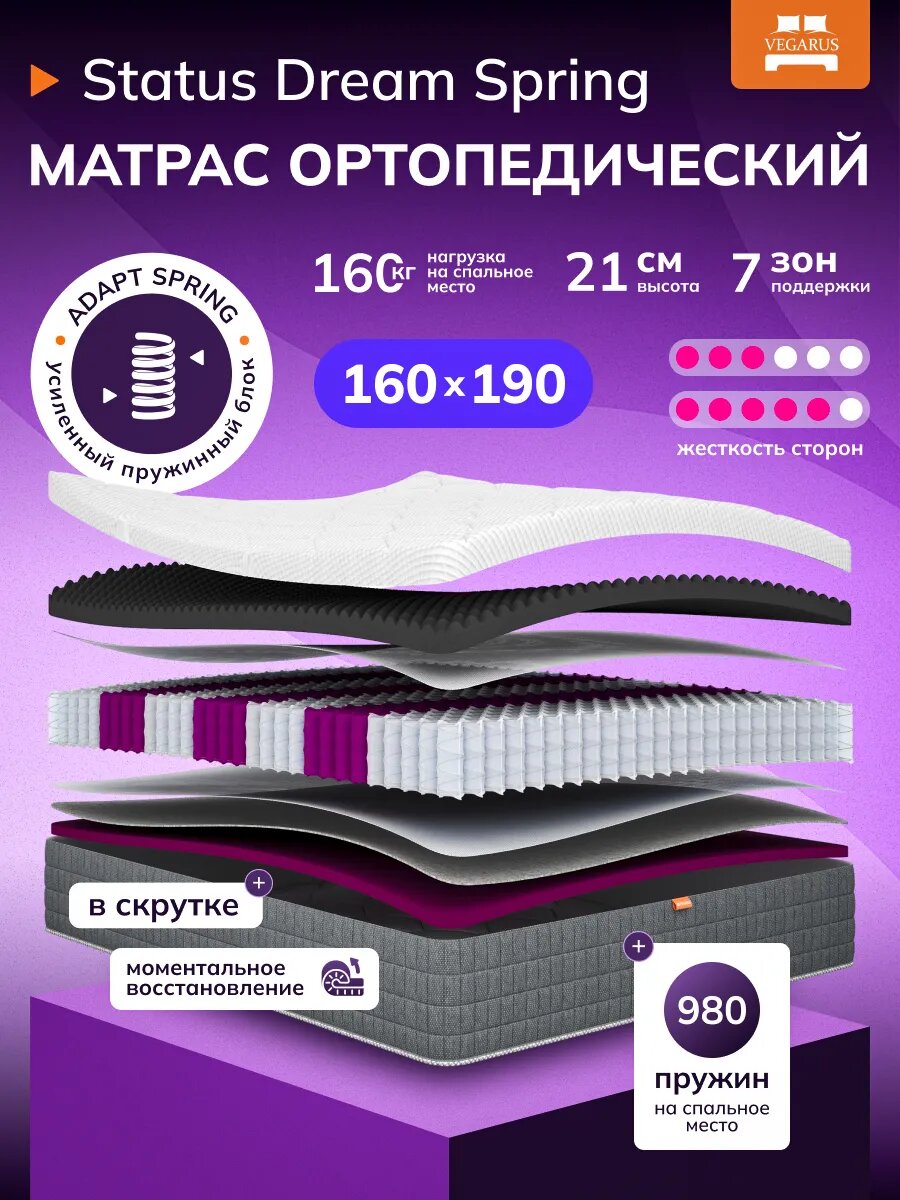 Матрас Status Dream Spring, 160x190х21 см, ортопедический, независимые пружины