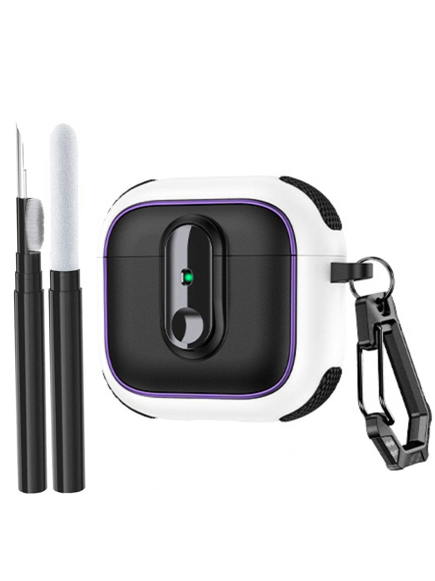 Чехол для наушников AirPods 4 (2024) пластиковый с замком и карабином + черная щетка, черно-белый