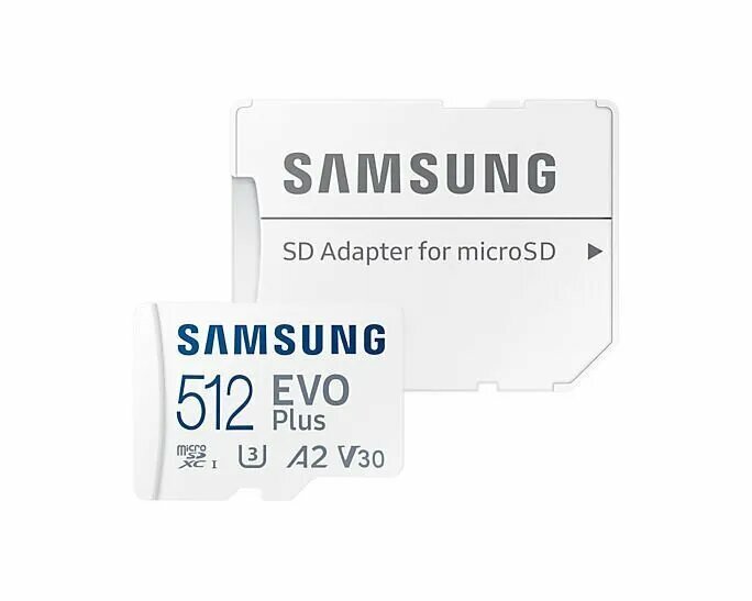 Samsung 512 ГБ Карта памяти microSDXC EVO Plus (MB-MC512KA/KR), UHS-I U3; Class 10, запись - 20 Мбайт/сек, чтение - 130 Мбайт/сек, Белый, с адаптером SD
