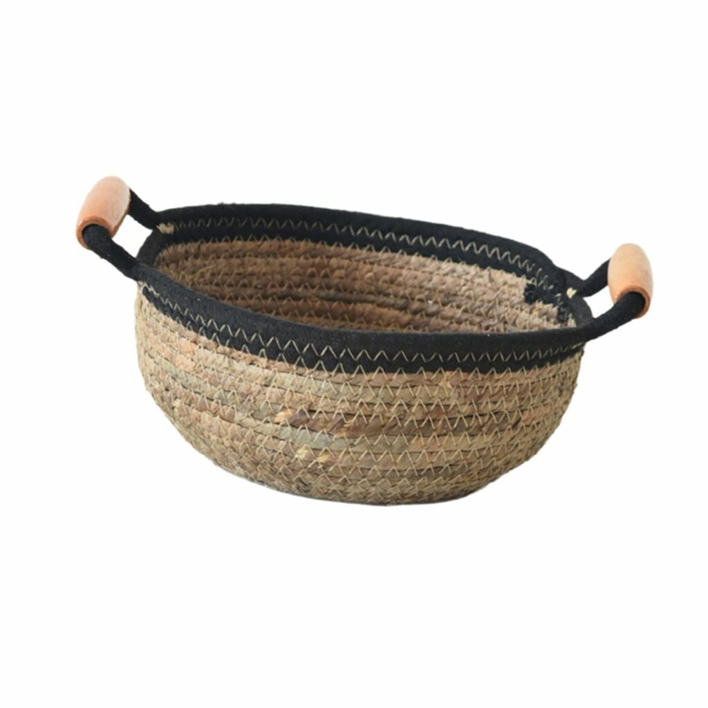 Настольная корзина для хранения банановой веревки с деревянной ручкой-черный край маленький