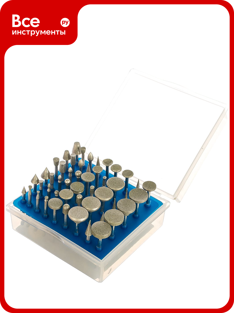 Набор мини-насадок с алмазным напылением профессионал в пластиковом боксе (Р 180; хвостовик 3 мм; 50 предметов) Зубр