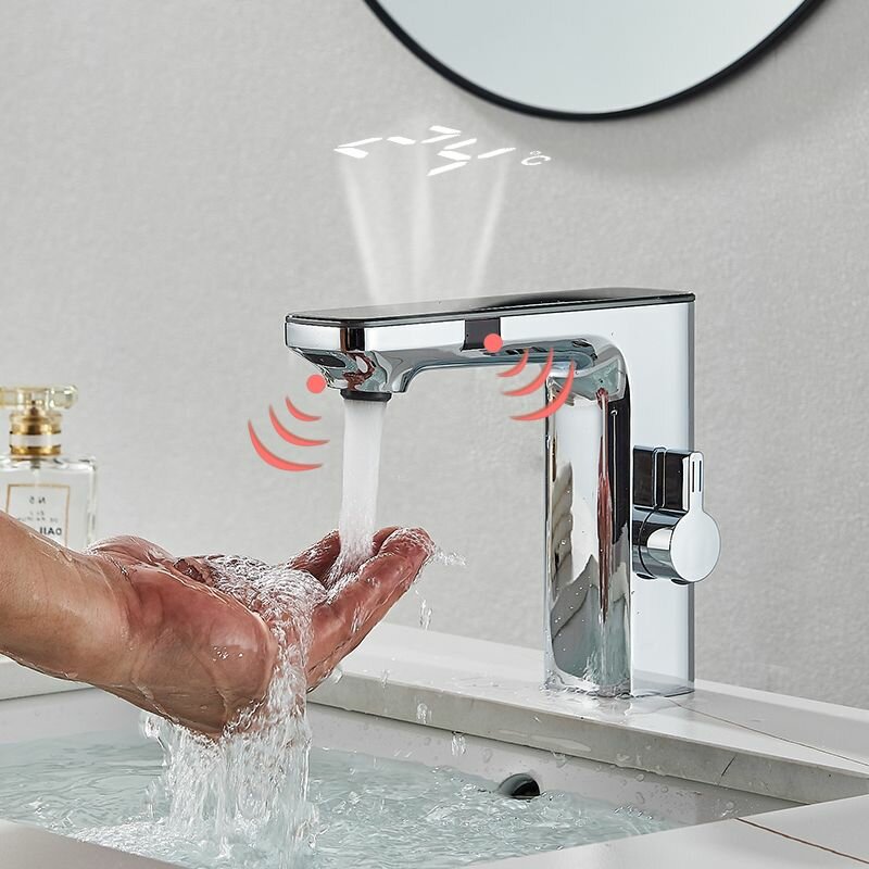 Кран из нержавеющей стали с двойным инфракрасным сенсором, LED-дисплеем температуры воды и аккумуляторной коробкой