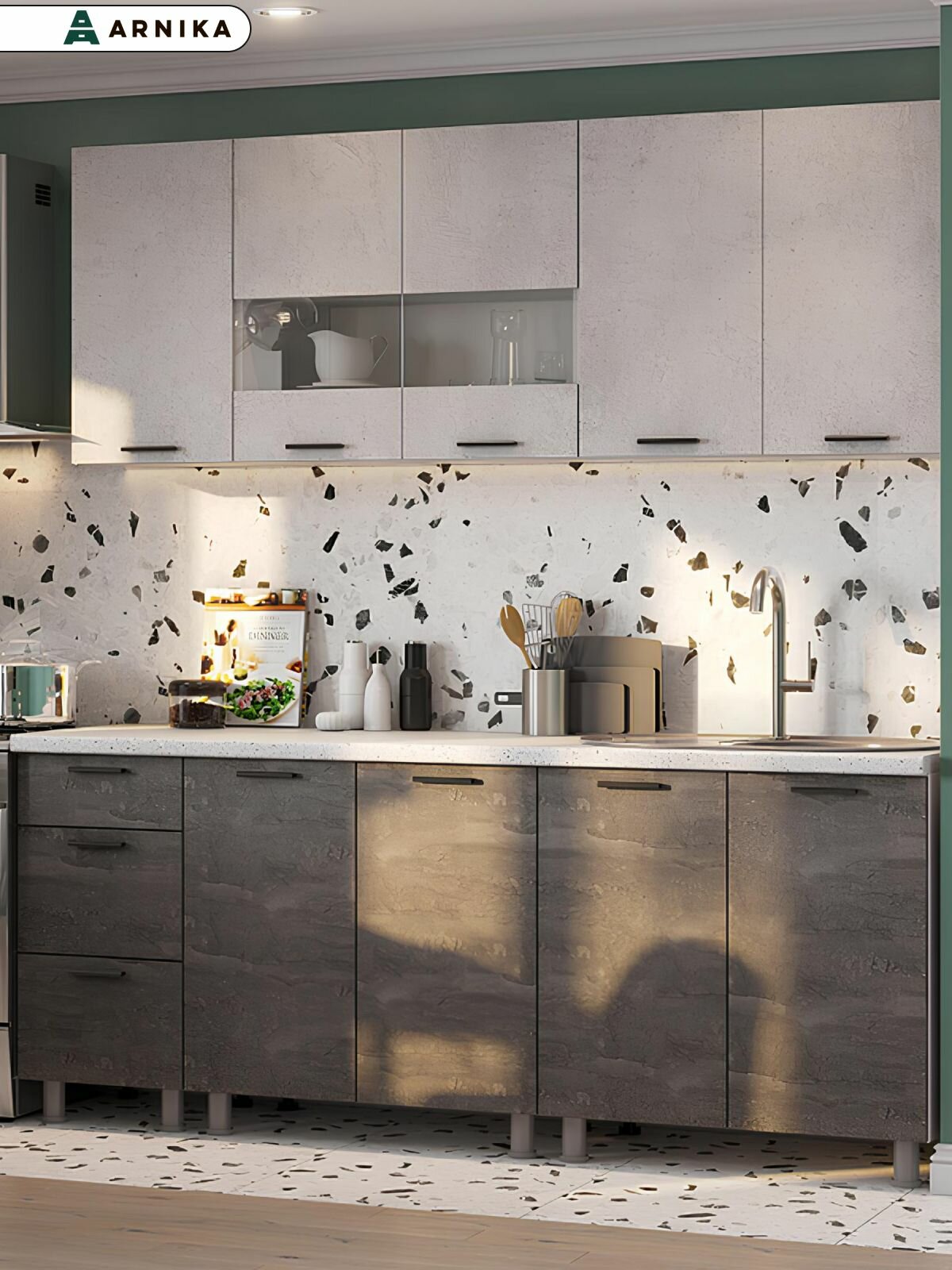ARNIKA Кухонный гарнитур "Азалия" без столешницы, 2м, цемент светлый/цемент темный