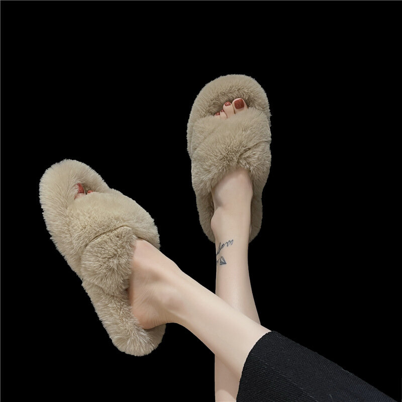 MOOCIE Женские пушистые тапочки 2025 года, осень-зима, новый корейский стиль, ленивые тапочки для отдыха на природе, с толстым дном, с открытым носком, бахилы для отдыха на природе