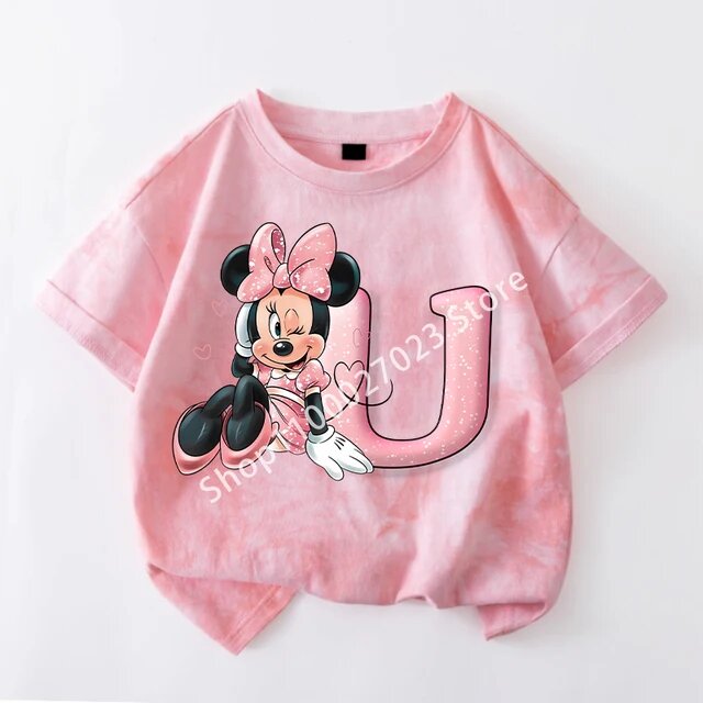 Футболка с короткими рукавами и принтом букв Минни Маус для мальчиков и девочек Диснея в стиле тай-дай. Футболка с круглым вырезом. Милые подарки для детей.