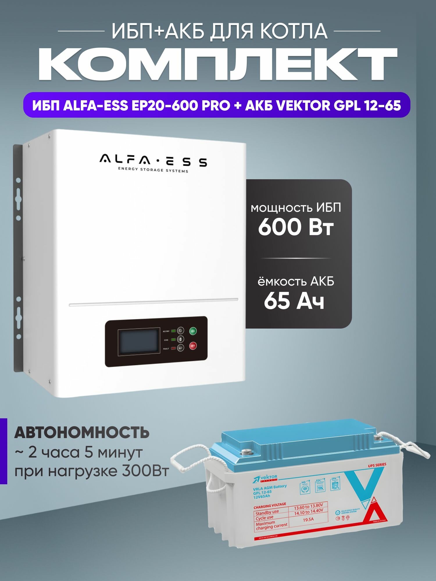 ИБП для котла с аккумулятором ИБП ALFA-ESS EP20 PRO 600Вт, 12В + АКБ Vektor Energy 65Ач, 12В / бесперебойник для котла отопления / источник бесперебойного питания