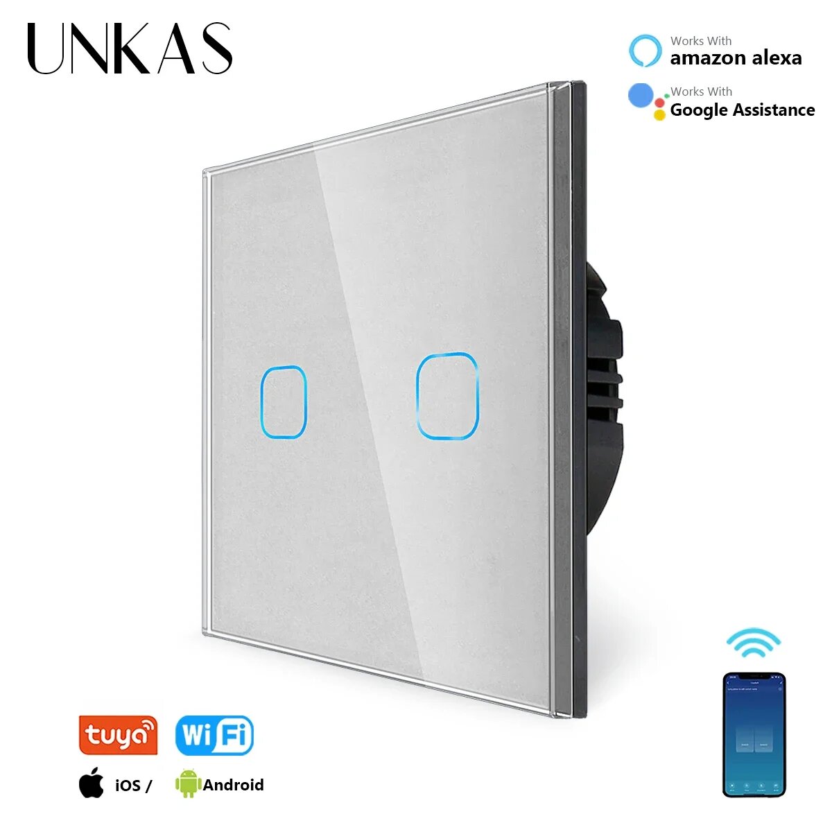 Умные выключатели UNKAS 1/2/3 клавишных WIFI Gray 2 Gang