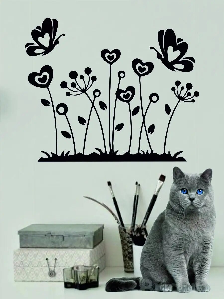 Наклейка на стену для декора интерьерная Цветы Бабочки