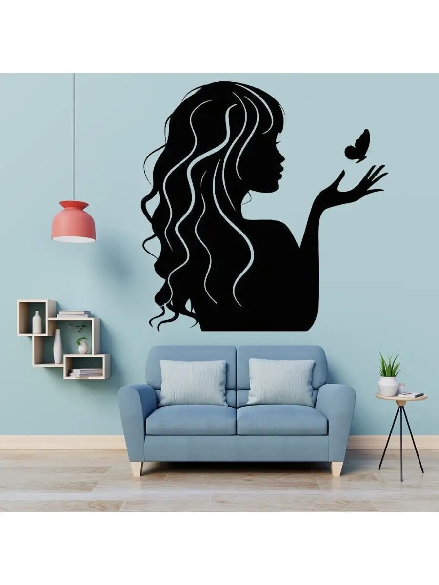 Наклейка на стену для декора Силуэт девушки с бабочкой
