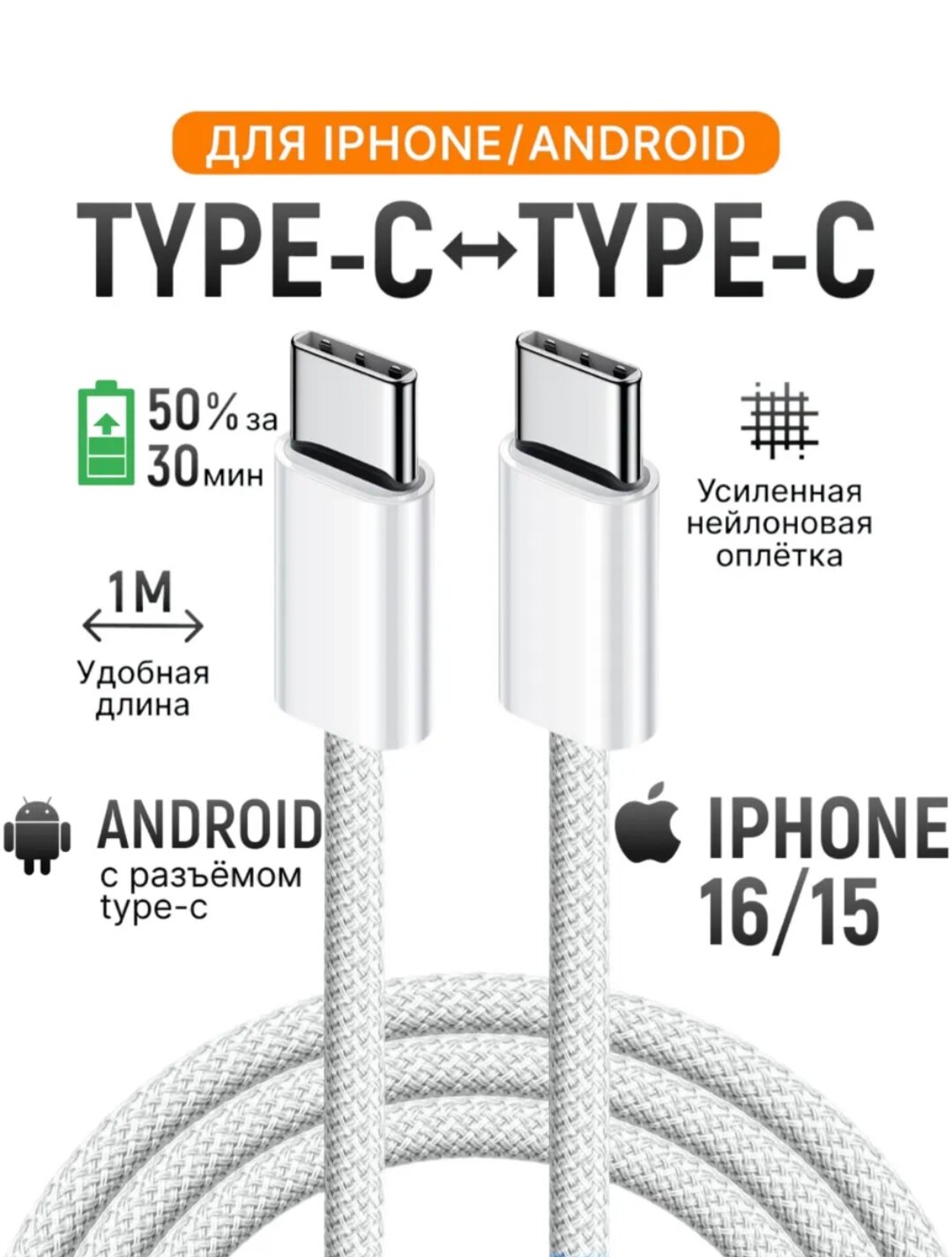 Провод 1М, 60W / Шнур для iphone, зарядка для iphone, кабель Type-С - Type-C