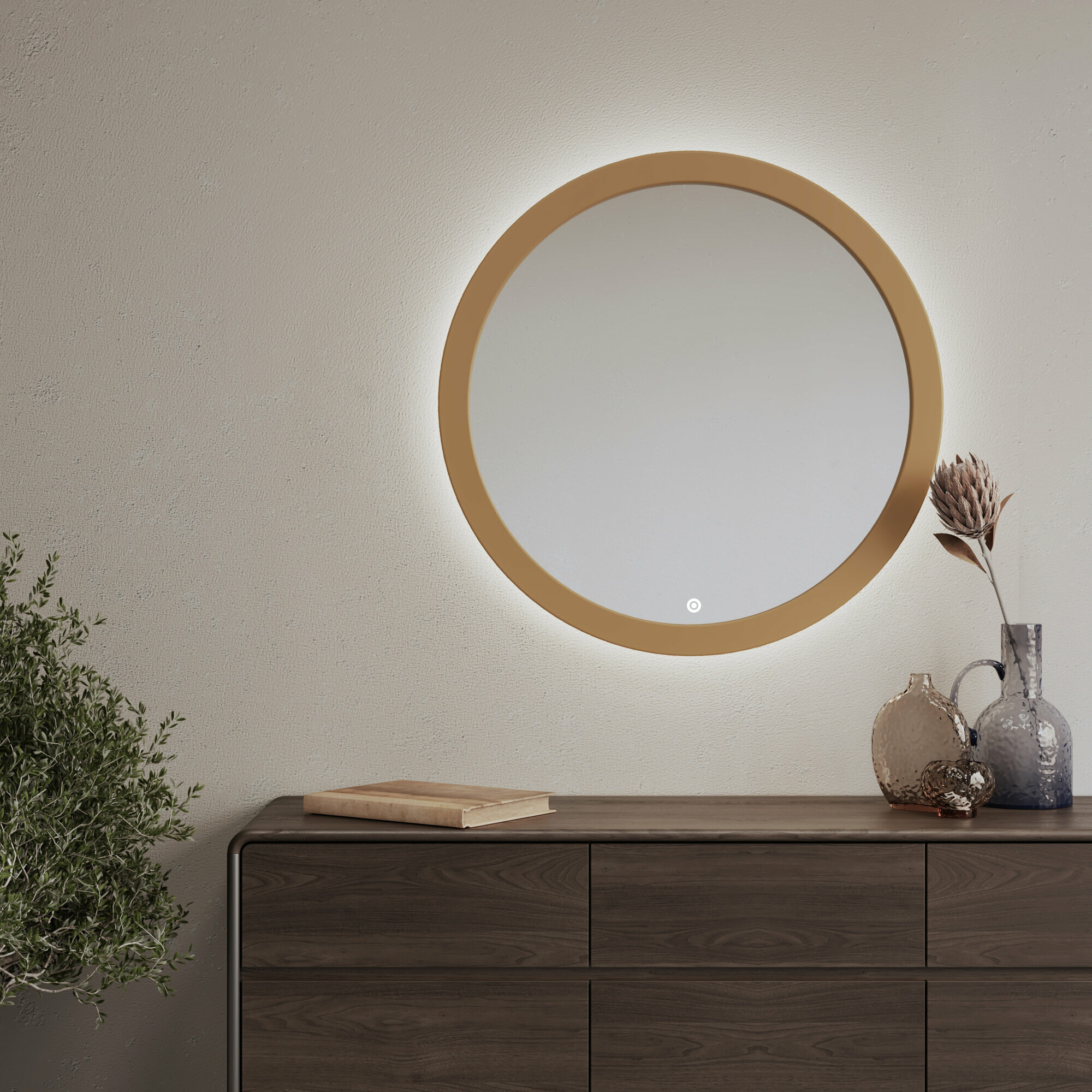 Зеркало в прихожую настенное с подсветкой круглое Gloines Эстетик О Лайт d110 золото