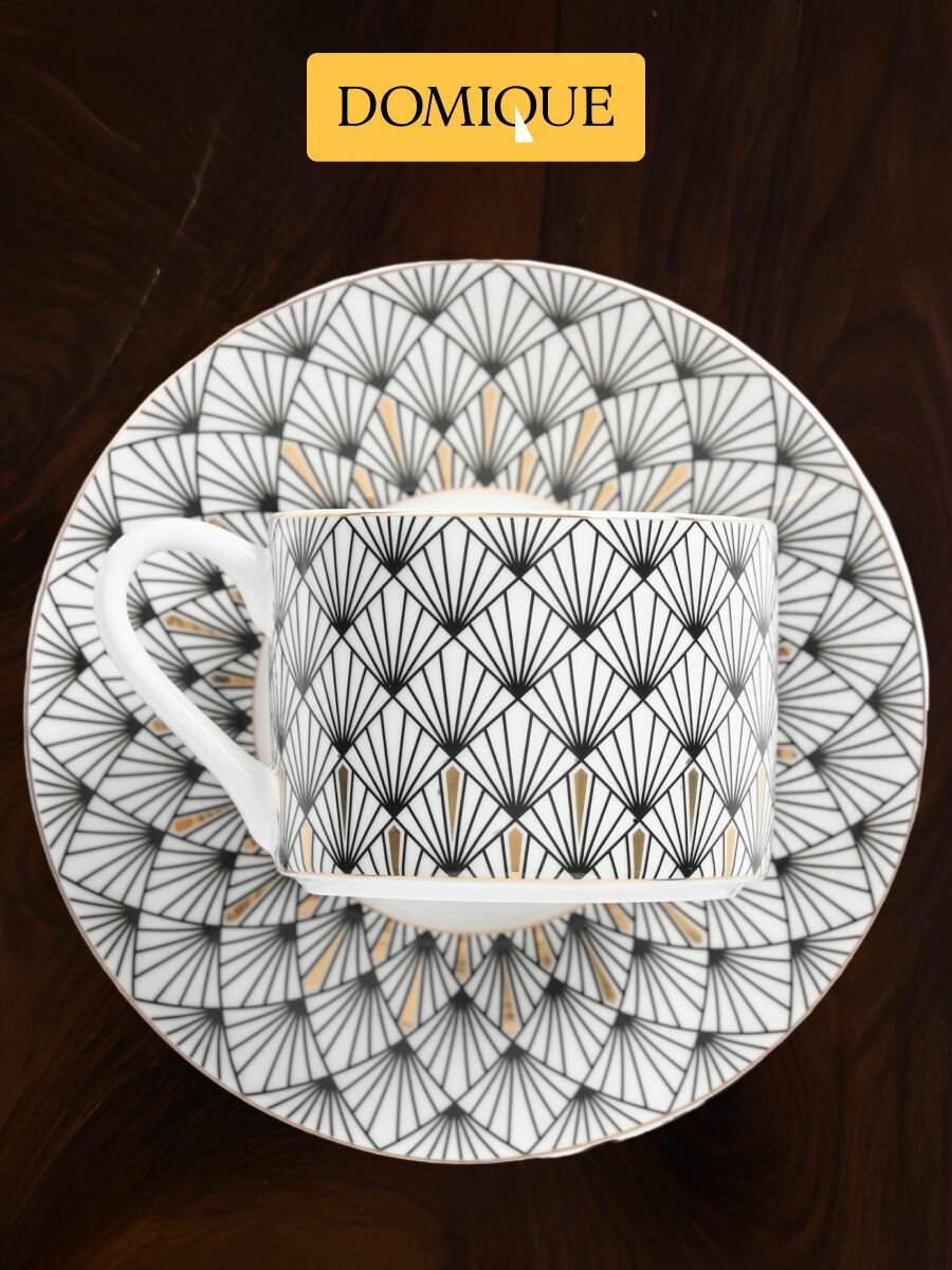 Чайная пара DOMIQUE YOUNG MONARCH, костяной фарфор Fine Bone China, чёрно-золотой узор, подарочная упаковка