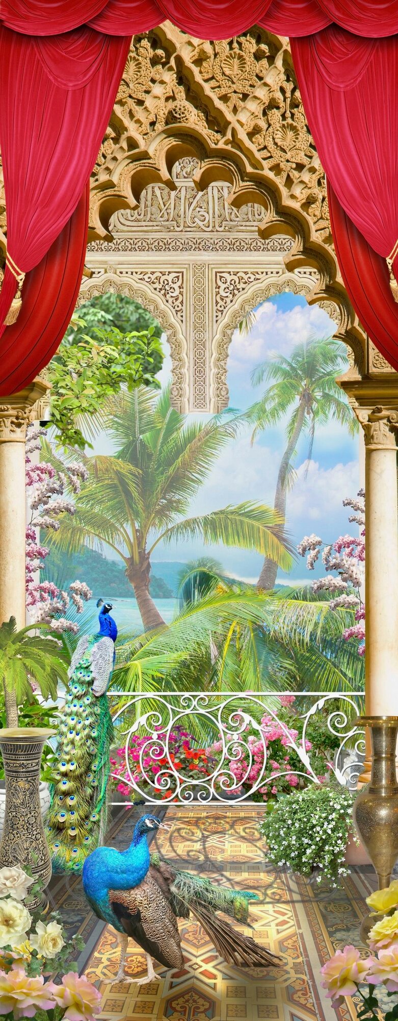 Фотообои Уютная стена "Балкон в восточном стиле с павлинами" 110х270 см Бесшовные Премиум (единым полотном)