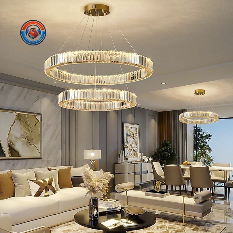 Подвесная хрустальная люстра с пультом, золотая нержавеющая сталь, 3 цвета света и диммер, круглая двухъярусная люстра для гостиной, спальни, ресторана