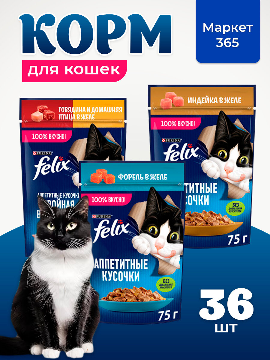 Корм для кошек влажный, Felix желе, Набор: говядина и домашняя птица, индейка, форель. 36 шт x 75 г