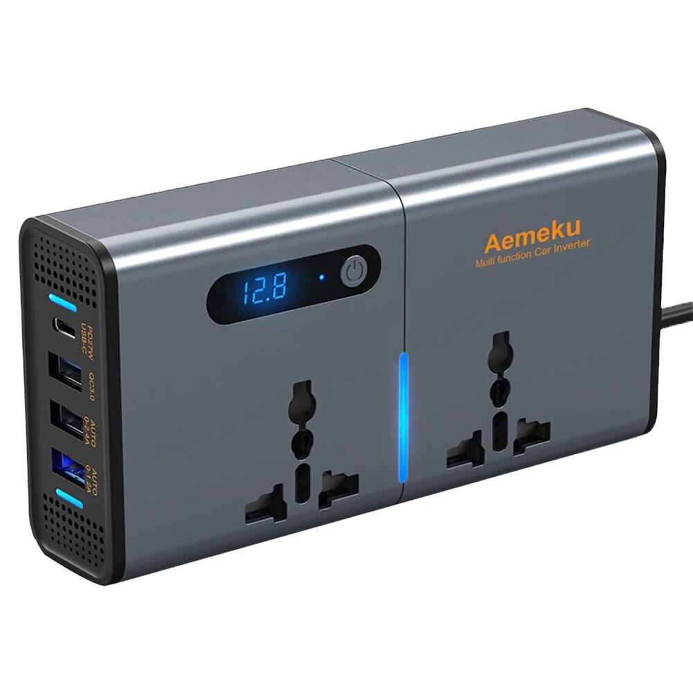 Автоматический преобразователь 12 В/24 В в переменный ток 220 В, Type-C, USB, зарядное устройство для быстрой зарядки, розетка с цифровым дисплеем, многофункциональная розетка-конвертер QC3.0, 12V