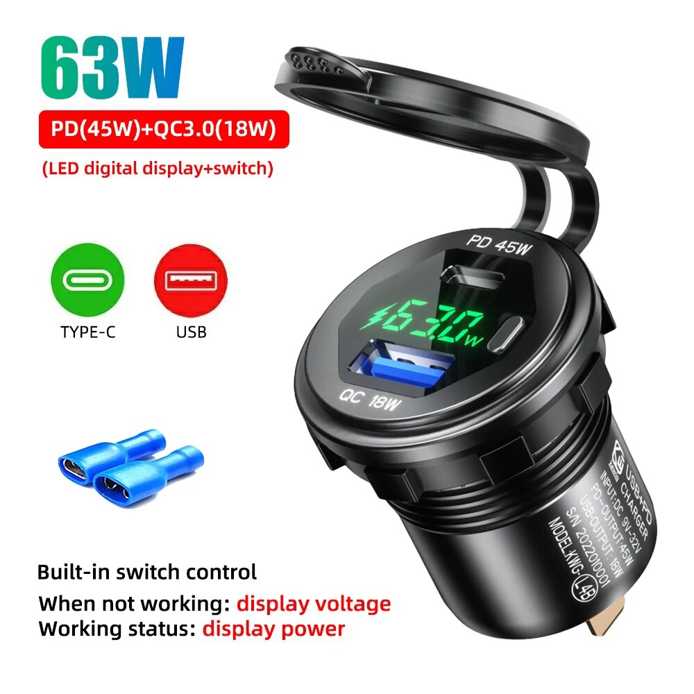 Алюминиевый 63 Вт PD и QC 3.0 с двумя USB-разъемами для автомобильного зарядного устройства, адаптер питания 12 В/24 В, адаптер для зарядки, водонепроницаемые порта быстрой зарядки, Green PD QC3.0
