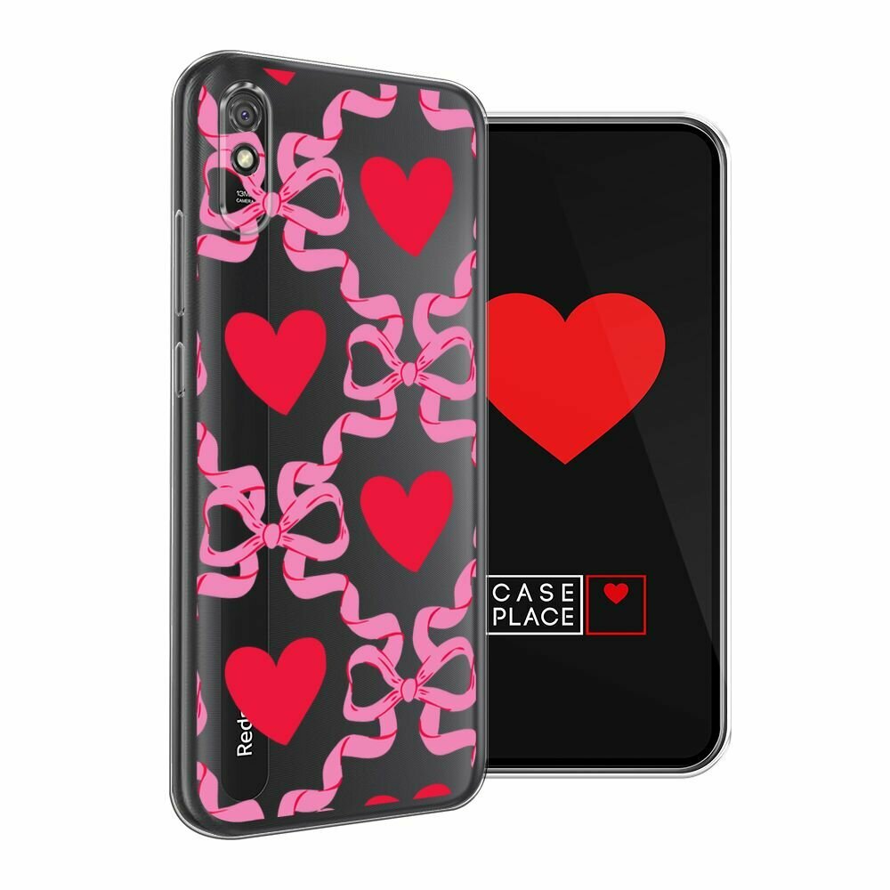 Чехол на Xiaomi Redmi 9A / Сяоми Редми 9А с принтом "Hearts and ribbons 2 - 14 февраля", прозрачный — фото 1