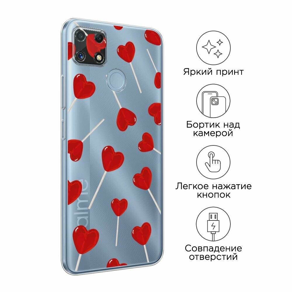 Чехол на Realme C25/C25s / Реалми С25/C25s с принтом "Сердечки-леденцы 2 - 14 февраля", прозрачный — фото 1