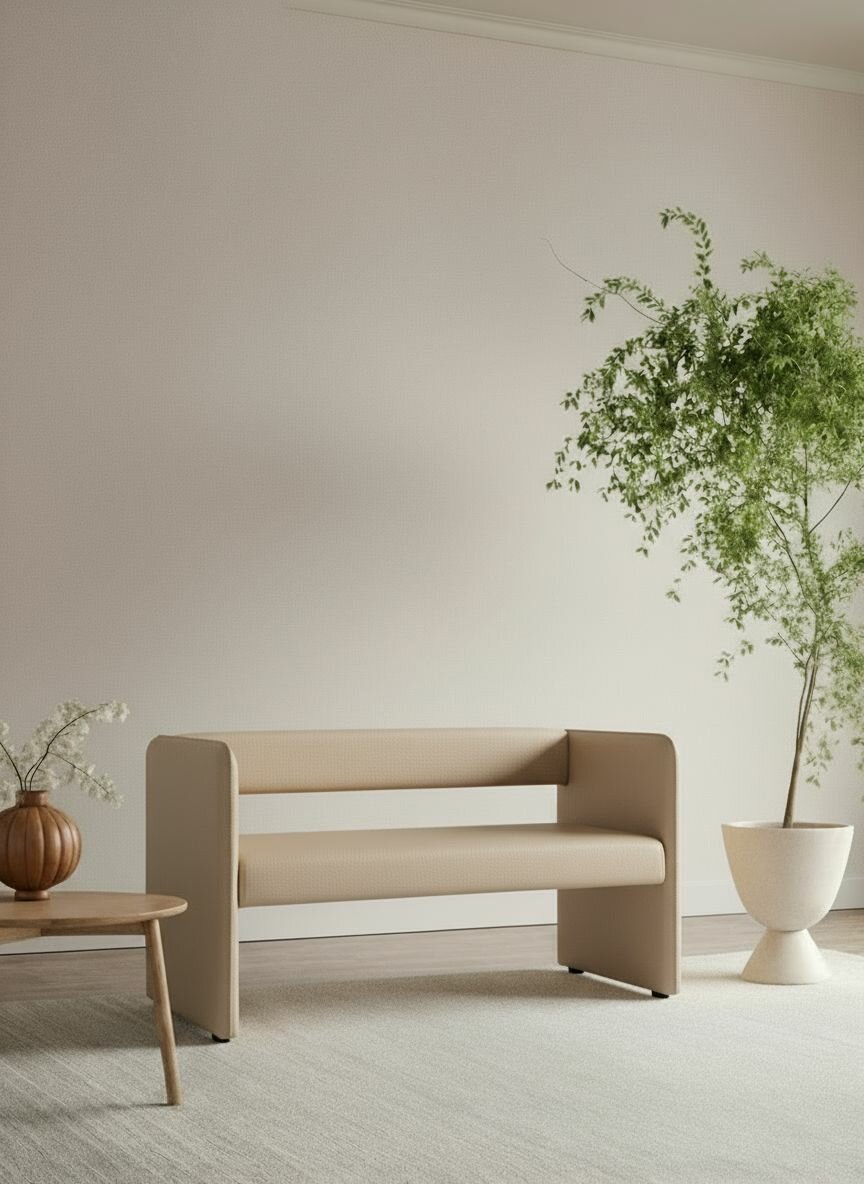 Диван прямой Меркурий кремовая кожа для офиса, дома, зоны ожидания, кухни