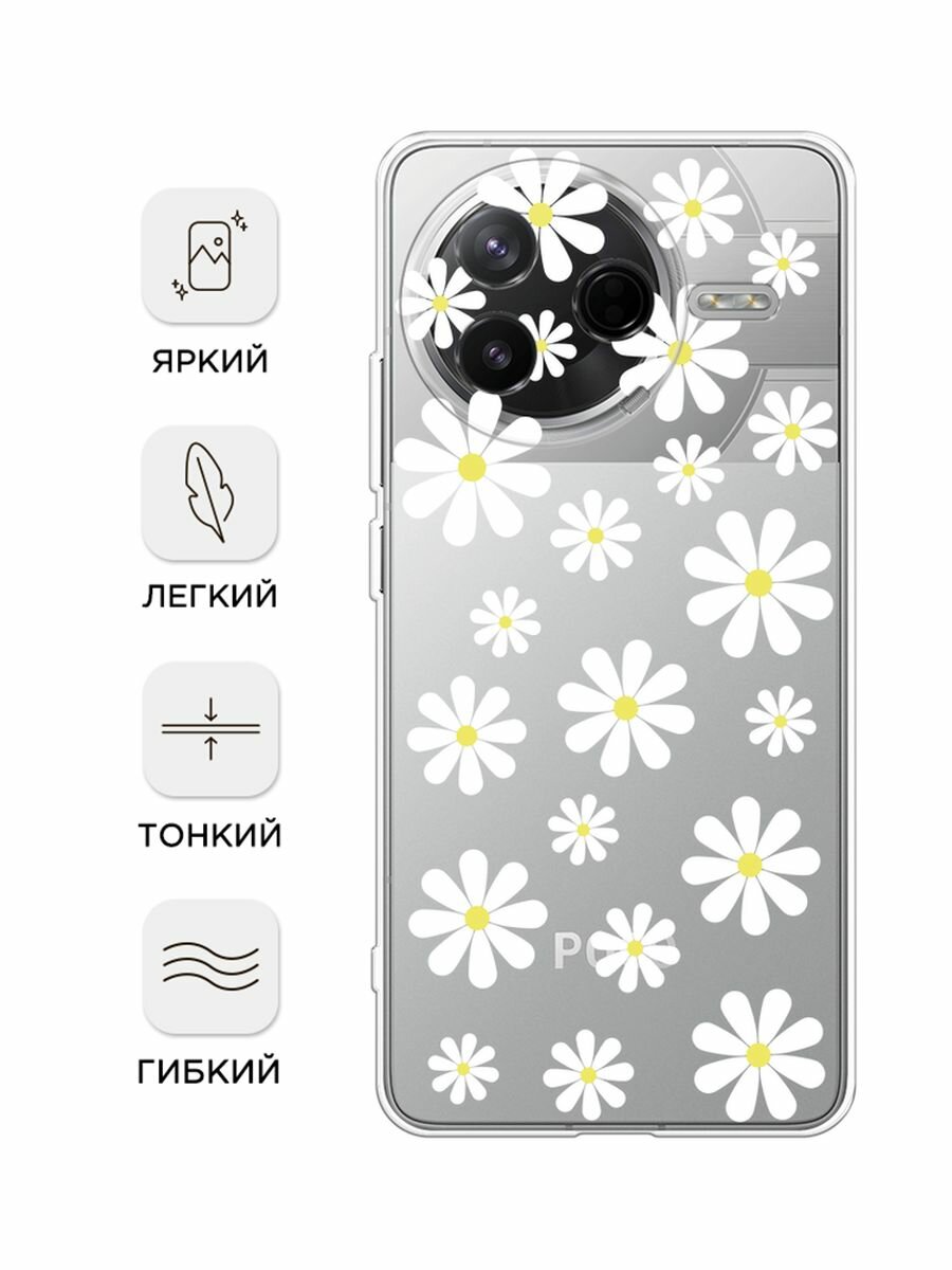 Чехол на Poco F7 Pro / Поко F7 Про с принтом "Большие ромашки", прозрачный — фото 1