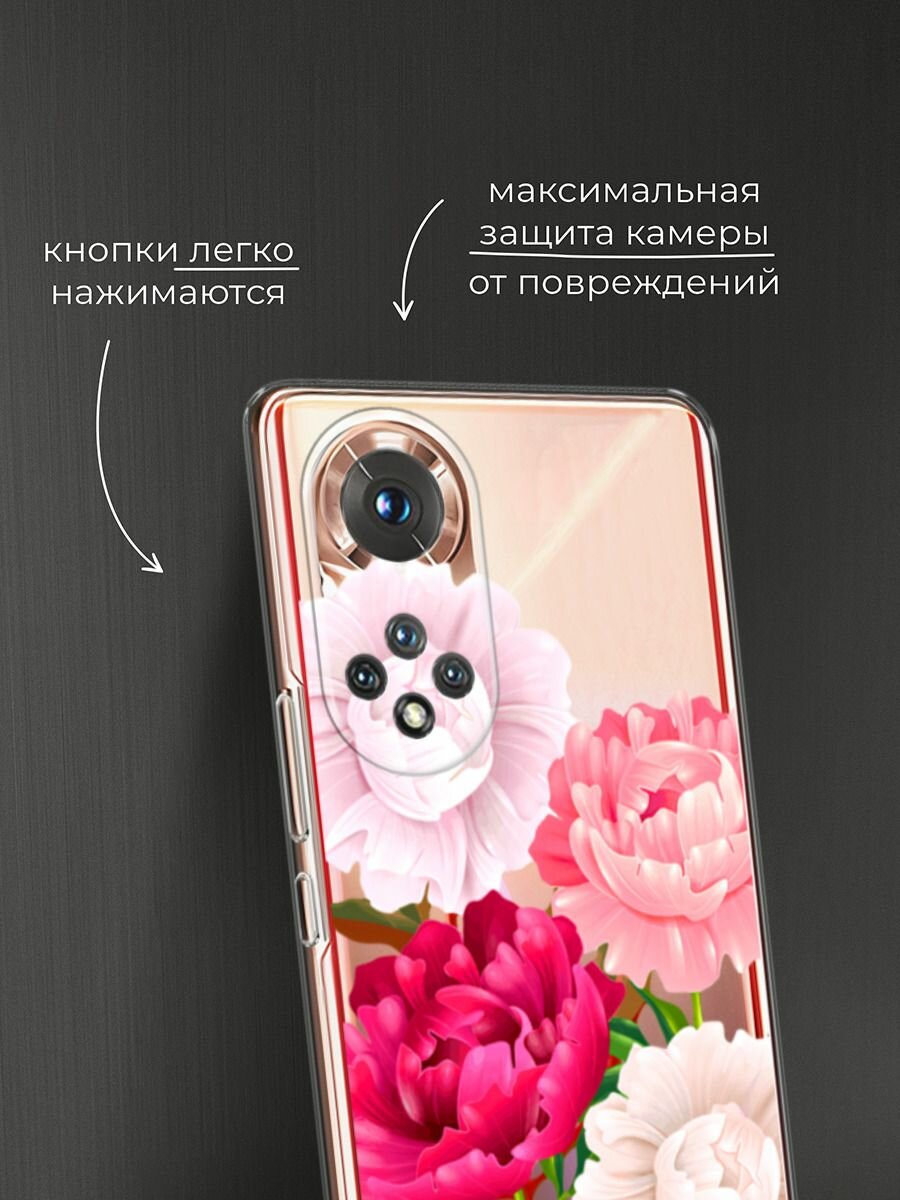 Чехол на Honor 50/Huawei Nova 9 / Хонор 50/Хуавей Нова 9 с принтом "Большие пионы", прозрачный — фото 1
