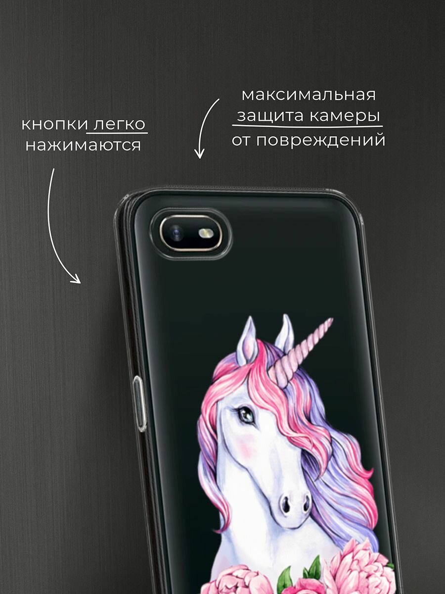 Чехол на Oppo A1k / Оппо А1к с принтом "Единорог с пионами", прозрачный — фото 1